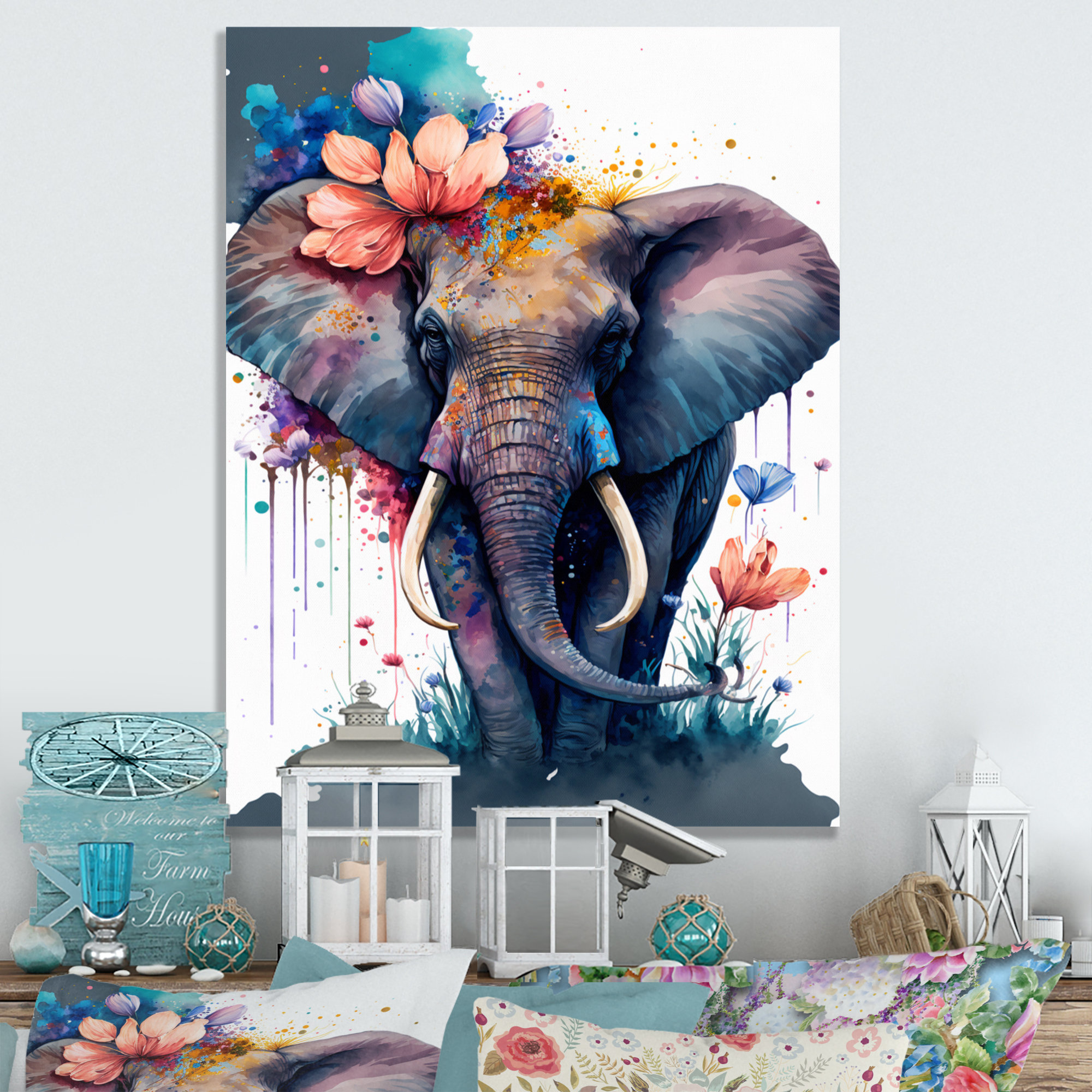 Bungalow Rose Cute Elefant Floral I - Graphic Art on Canvas | Wayfair